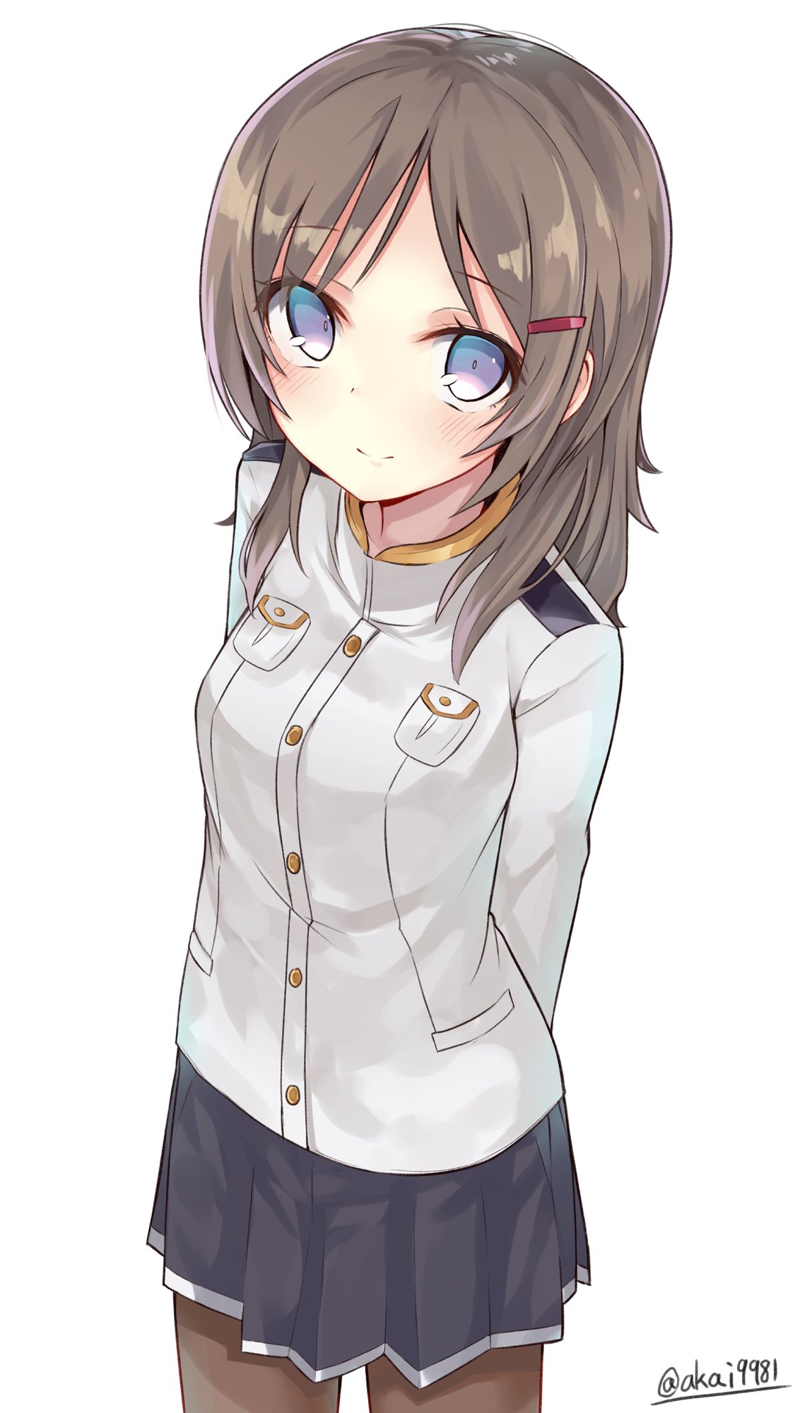 Safebooru - 1girl arms behind back black skirt blue eyes brown hair brown legwear china moeka ...
